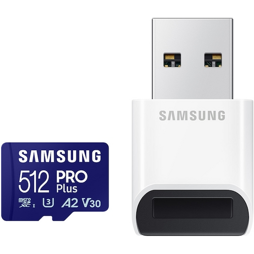 Samsung MB-MD512SB/WW MicroSD 512GB, PRO Plus, SDXC, UHS-I U3 V30 A2 Class10, Read up to 180MB/s, Write up to 130 MB/s, for 4K and FullHD video recording, w/USB Card Reader