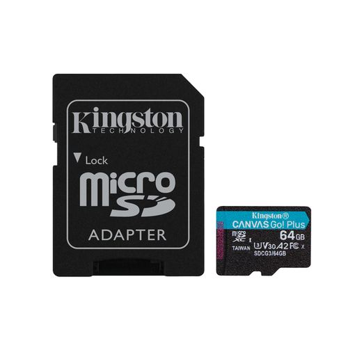 Kingston SDCG3/64GB MicroSD 64GB, Canvas Go! Plus, Class10 UHS-I U3 V30 A2, Read up to 170MB/s, Write up to 70MB/s, for 4K and FullHD video recording, w/SD adapter