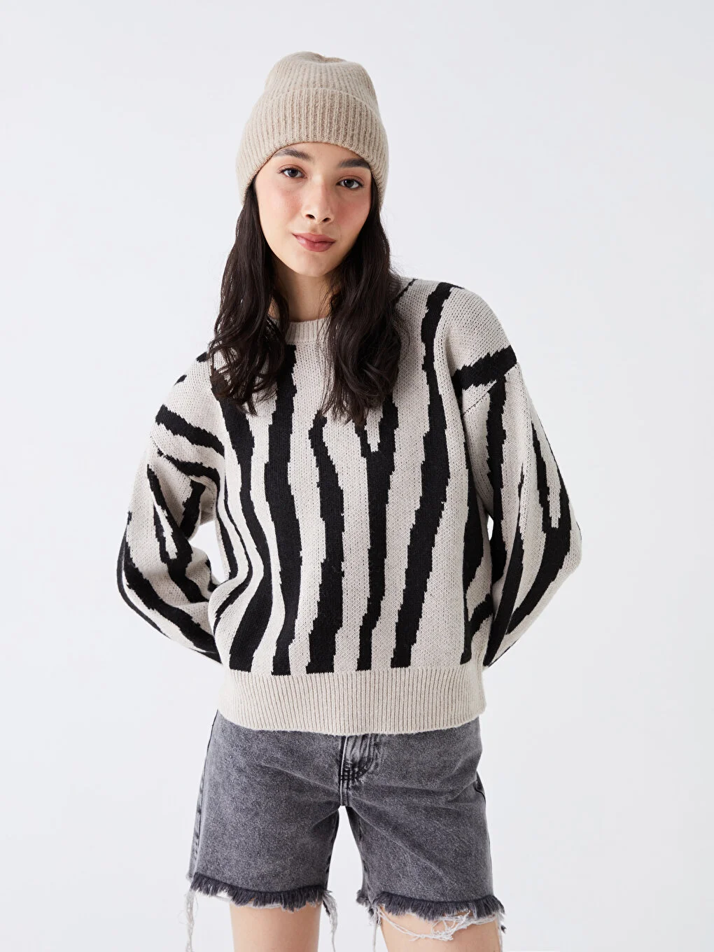 LCW Vision Ženski trikotažni džemper sa dezenom okruglog izreza dugih rukava