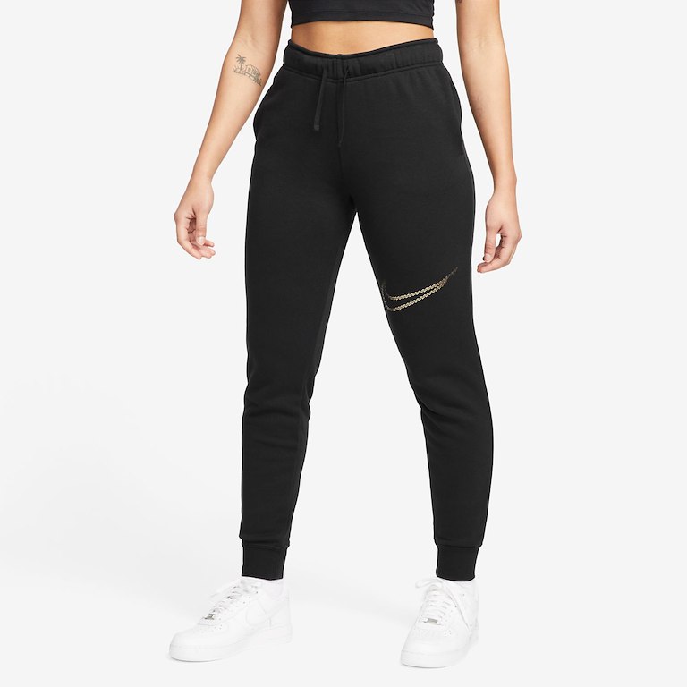 Nike W NSW CLUB FLC SHINE MR PANT, ženske pantalone, crna