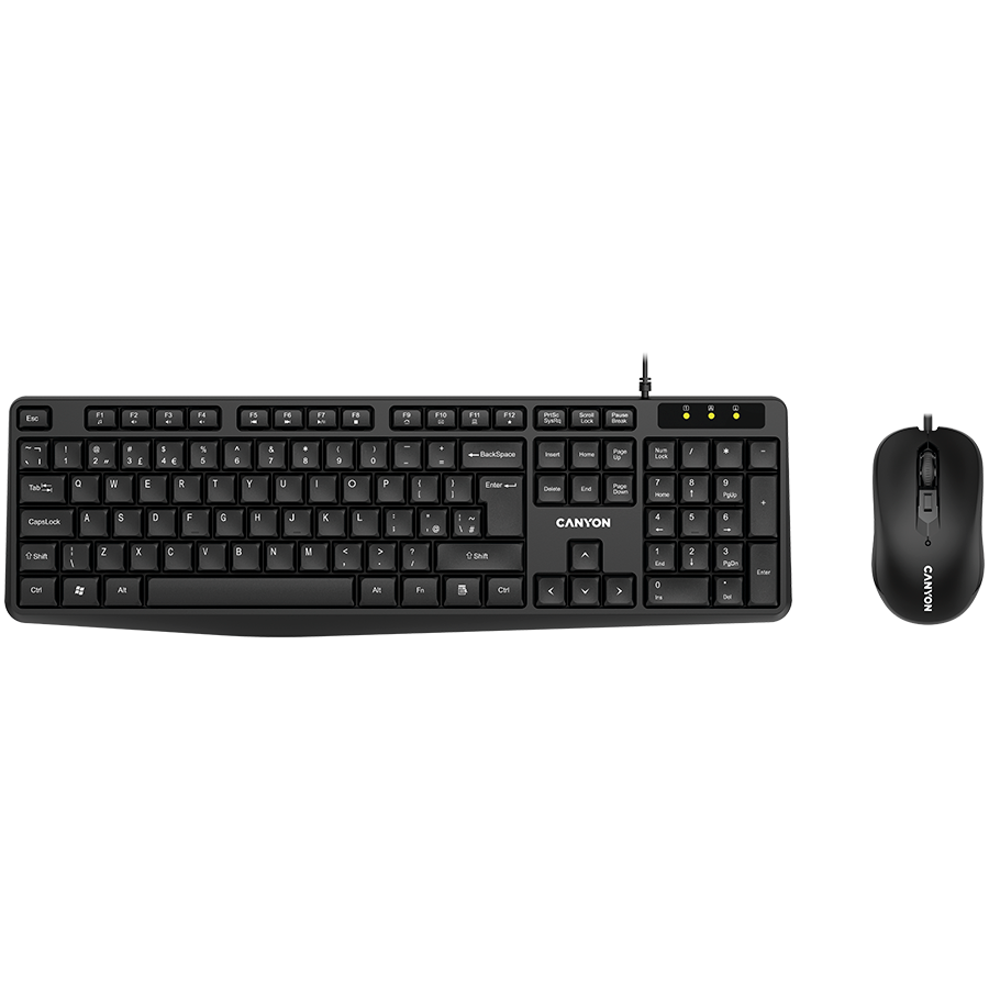 CANYON USB standard KB, 104 keys, water resistant AD layout bundle with optical 3D wired mice 1000DPI,USB2.0, Black, cable length 1.5m(KB)/1.5m(MS), 443*145*24mm(KB)/115.3*63.5*36.5mm(MS), 0.44kgI...
