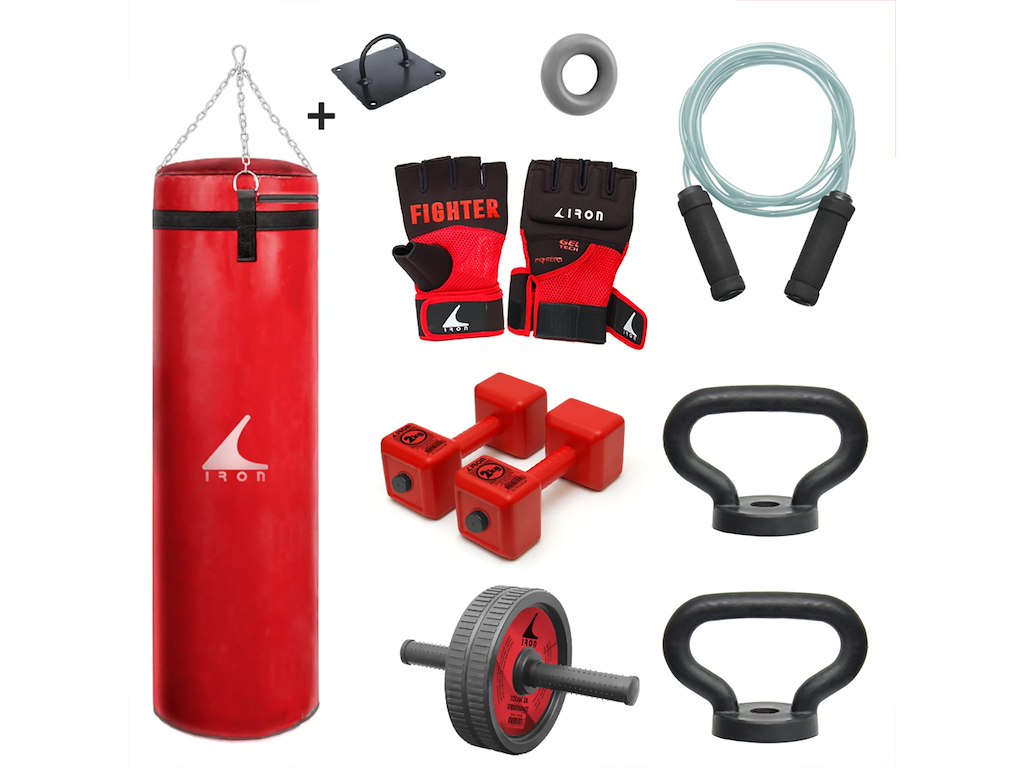 Borilačka kombinacija "Fight" / Iron Sport džak za boks 130x35cm, rukavice , sklekeri, točak za trbušnjake, vijača, bučice 2x2kg, guma za šaku