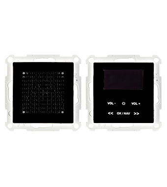Radio set + DAB, Bluetooth, uključen zvučnik, crne boje
Integracija u VISIO50 uz prilagodni okvir EV105021--, EV105022--, EV105023.