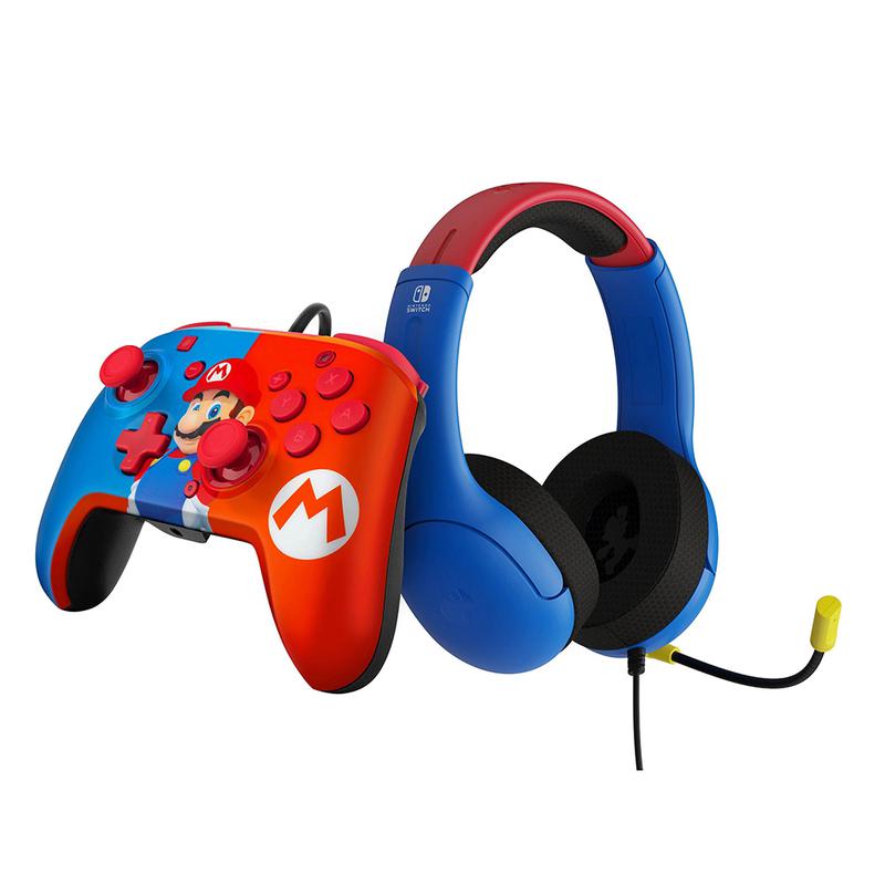 PDP Nintendo Switch Wired Airlite Headset & Rematch Controller Mario Bundle
