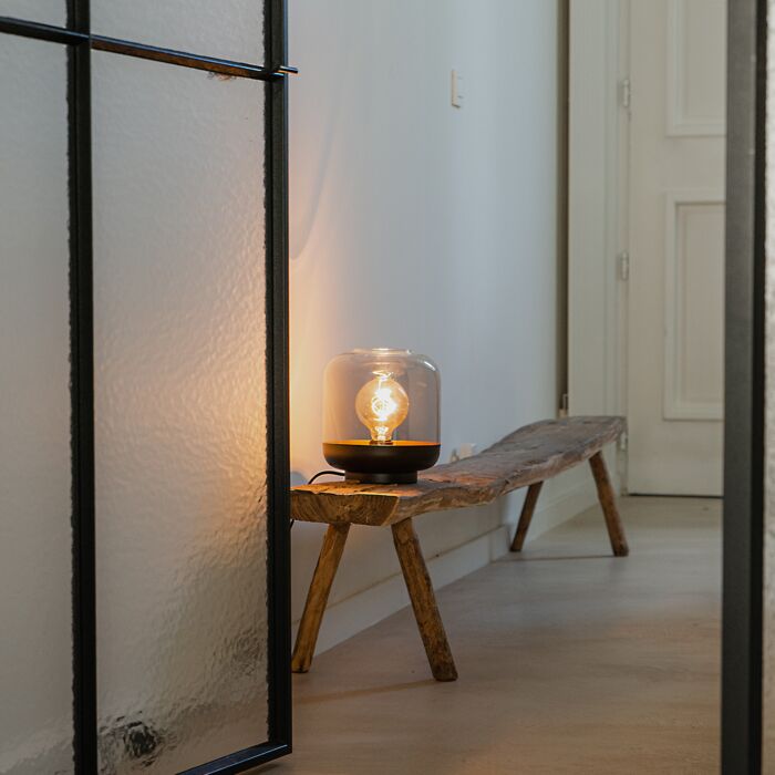 Dizajnerska stona lampa crna sa zlatnim i dimnim staklom - Kian