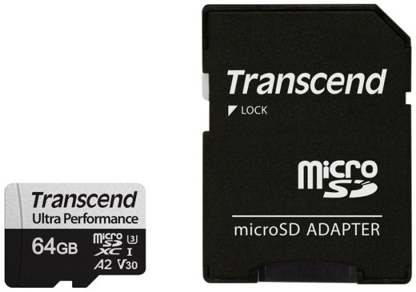 64GB microSD w/ adapter UHS-I U3 A2 Ultra Performance, Read/Write up to 160/80 MB/s ( TS64GUSD340S )