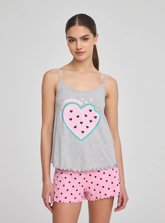 Pidžama sa majicom na bretele i šorcem sa srcima Svetlosiva melanž