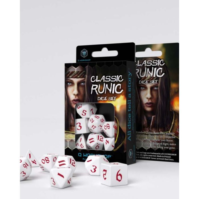 Kockice Q Workshop - Classic Runic White & Red - Dice Set (7)