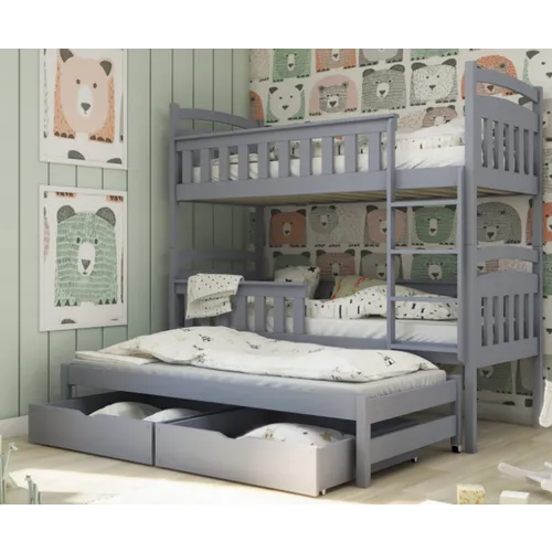 Drveni dečiji krevet na sprat Harriet sa tri kreveta i fiokom - grafit - 200 x 90 cm - OUTLET OŠTEĆENA AMBALAŽA
