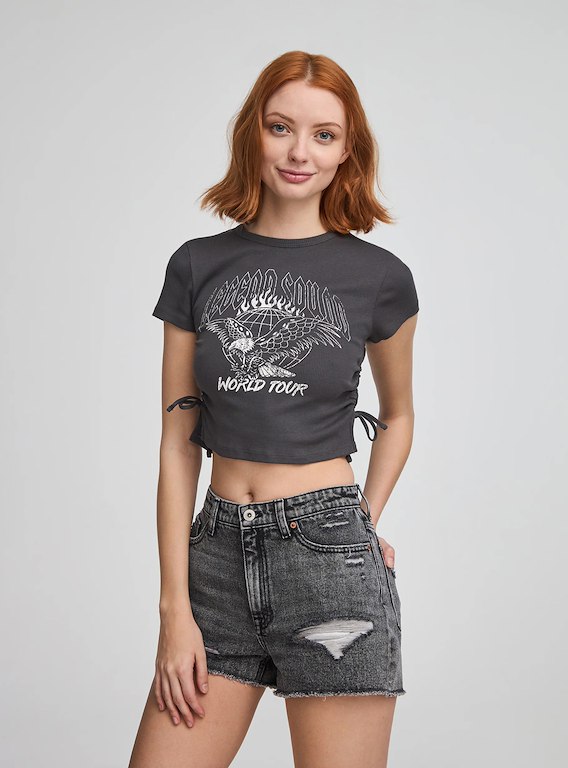 Kratka majica sa bočnim vezicama i štampom motiva rock Tamnosiva