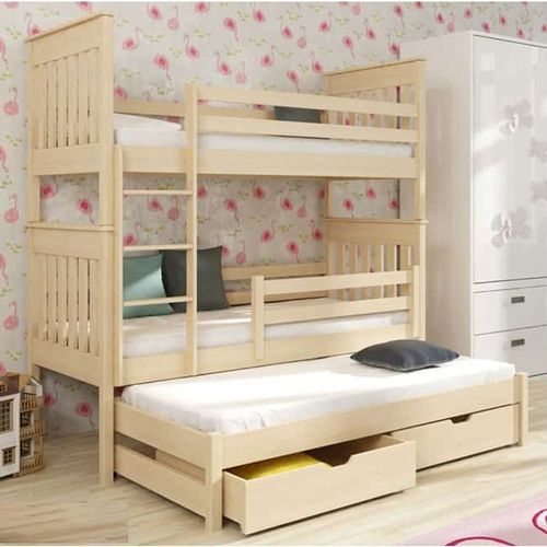 Drveni dečiji krevet na sprat Jarek sa tri kreveta i fiokom - svetlo drvo -200x90 cm OUTLET - oštećena ambalaža