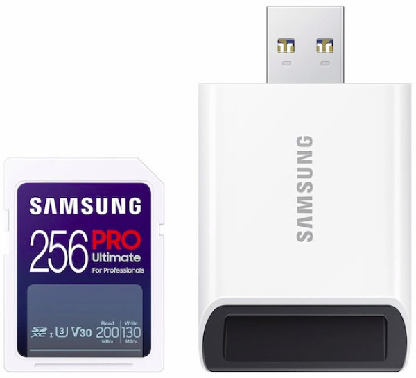 SD Card 256GB, PRO Ultimate, SDXC, UHS-I U3 V30, Read up to 200MB/s, Write up to 130 MB/s, for 4K and FullHD video recording, w/USB Card re