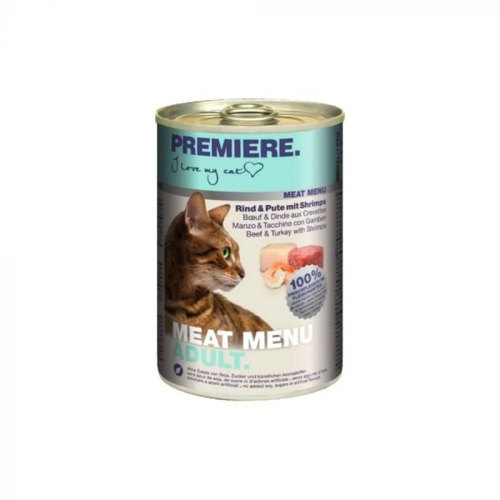 PREMIERE Cat Meat Menu konzerva za mačke Adult - Govedina, ćuretina i škampi 400g