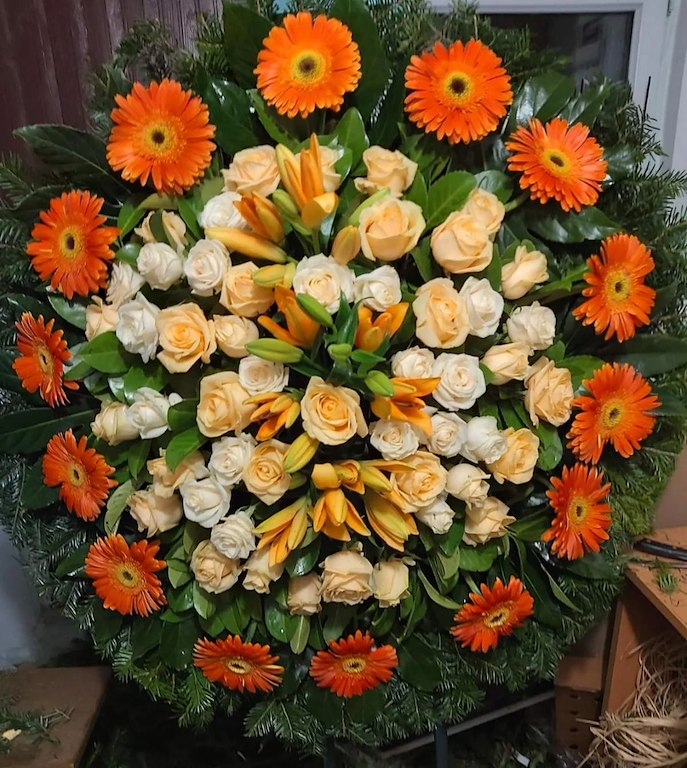 Venac Za Sahrane – Narandžasti Gerberi, Ljiljani I Ruže