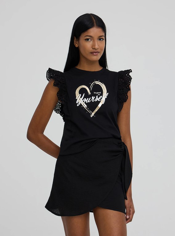 Kratka majica karnerima i sa laminiranim printom srce Crna