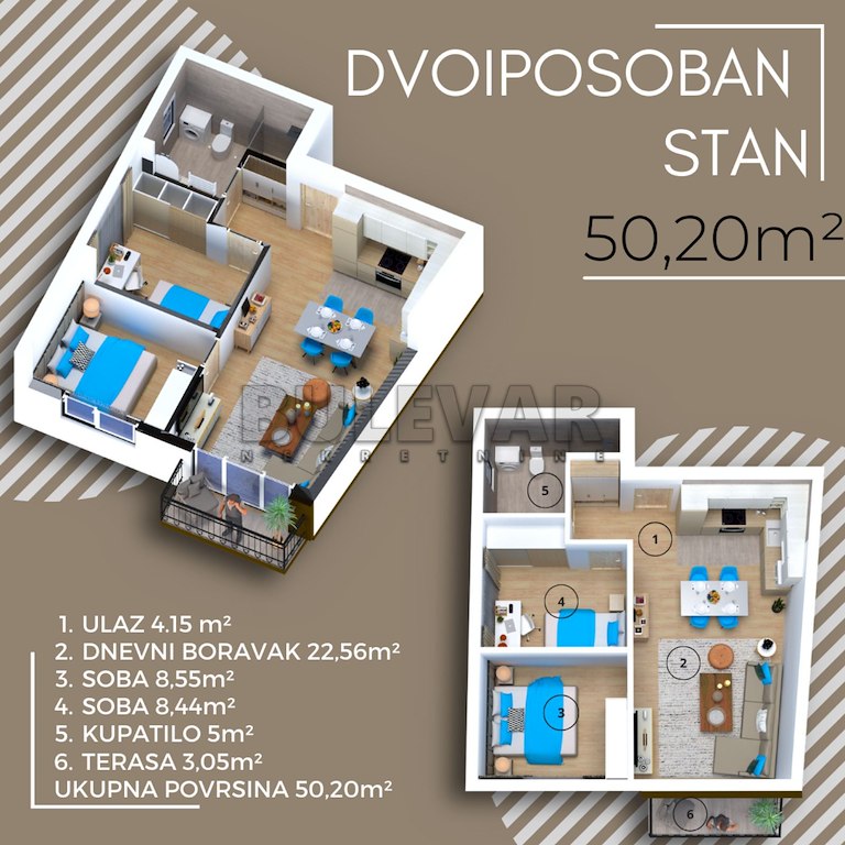 Trosoban stan, 50.2 m2, Daničićeva ID: p-08873