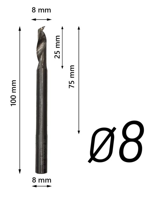 Jednopero CNC glodalo za aluminijum 8mm, prihvat 8mm, ukupna dužina 100mm FUL 19D.080.B
