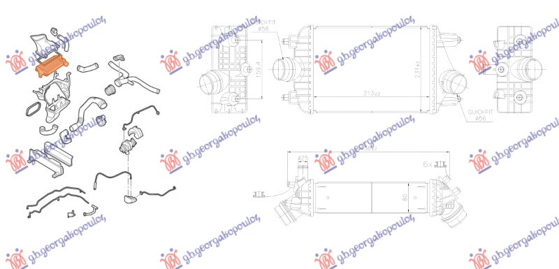 HLADNJAK INTERKULERA 3.8 BEN DESNO 313x231x80 Desna str. PORSCHE 911 (991) (2016-2019) (OEM: 99111064072, 99111064073)