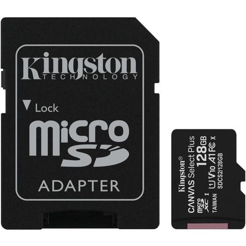 Kingston SDCS2/128GB MicroSD 128GB, Canvas Select Plus, Class 10 UHS-I U1 V10 A1, Read up to 100MB/s, w/SD adapter