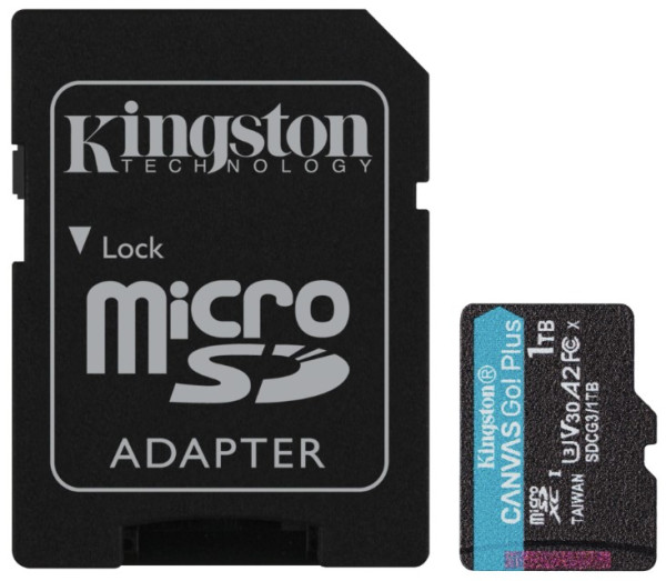 MicroSD 1TB, Canvas Go! Plus, Class10 UHS-I U3 V30 A2, Read up to 170MB/s, Write up to 90MB/s, for 4K and FullHD video recording, w/SD adap