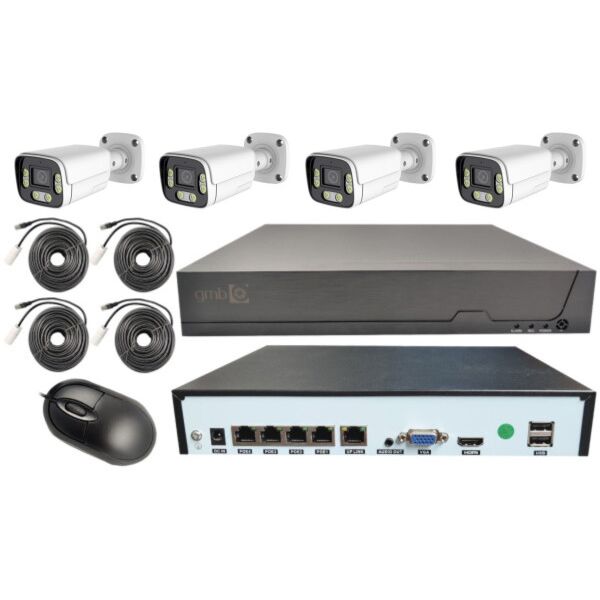 CAM-IP5MP-POEKITXM4W GMB kamera 5 mpix set full color IP 4 kamere POE NVR app xmeye sa mikrofonom