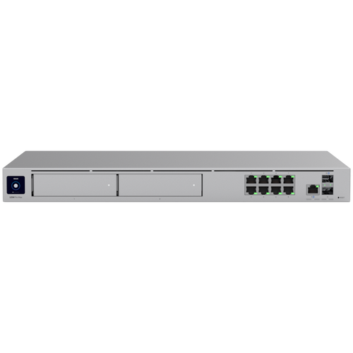 Ubiquiti rack-mount Cloud Gateway with 10 Gbps performance, multi-WAN load balancing, and two NVR drive bays designed for large-scale, multi-application UniFi sites