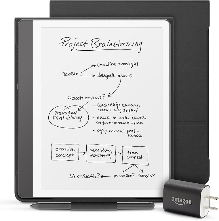 New Amazon Kindle Scribe Essentials Bundle including New Kindle Scribe (64GB) - Tungsten, Premium Pen, Premium Leather Folio-Black, and Power Adapter