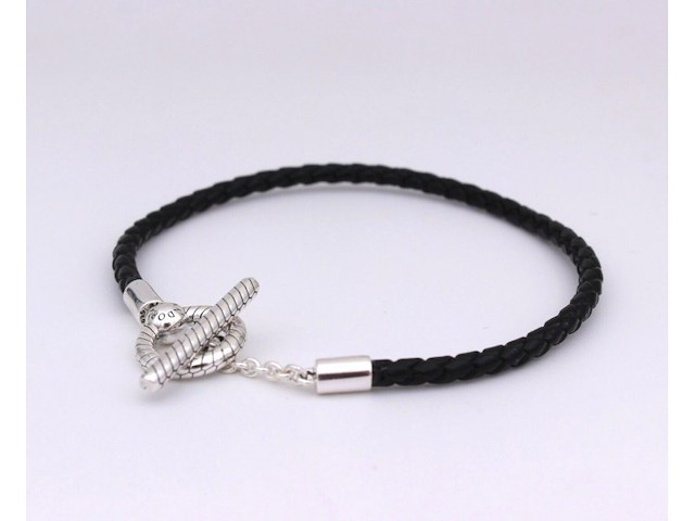 PANDORA Black Leather T-bar narukvica srebro ale s925