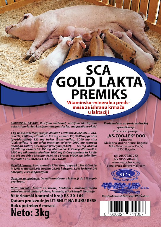 SCA GOLD LAKTA 3KG PREMIX vitaminsko-mineralna predsmeša za suprasne krmače