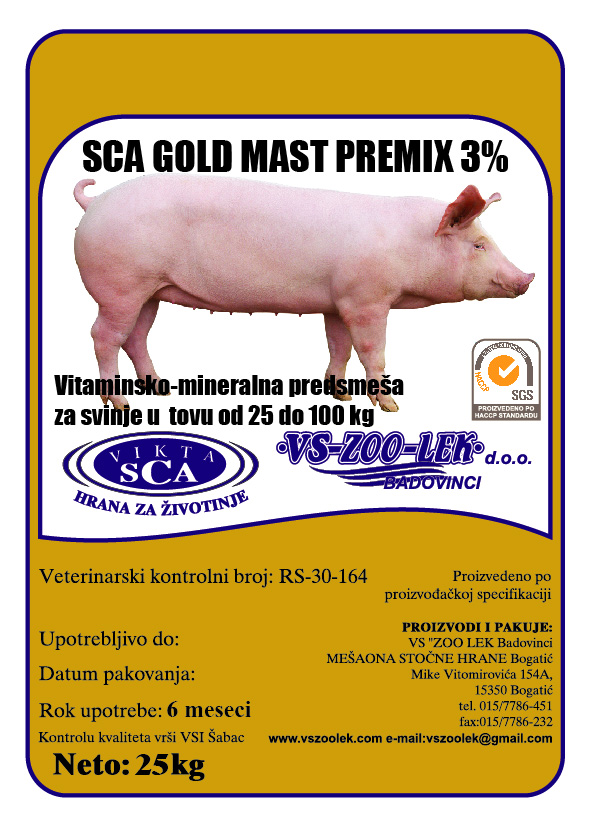 SCA GOLD MAST PREMIX 3% 3kg VITAMINSKO MINERALNA PREDSMEŠA ZA SVINJE U TOVU 25-100kg