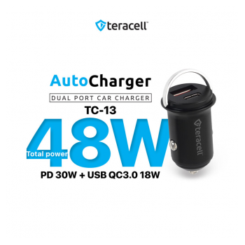 AUTO PUNJAC TERACELL EVOLUTION TC-13 PD 30W + USB QC3.0 18W, 48W (TOTAL) SA TYPE-C KABLOM CRNI