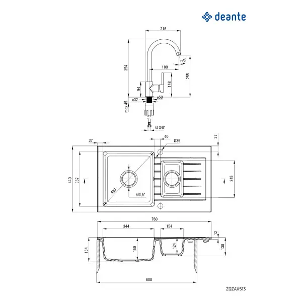 Deante set sudopera ZQZ 7513 + slavina BEN 762M-ZQZA7513