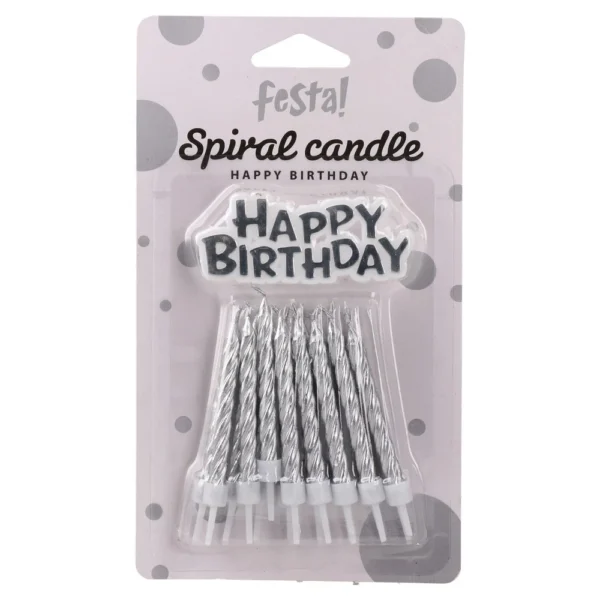 Spiral candle, svećica, srebrna, 16K sa držačima+ Happy birthday