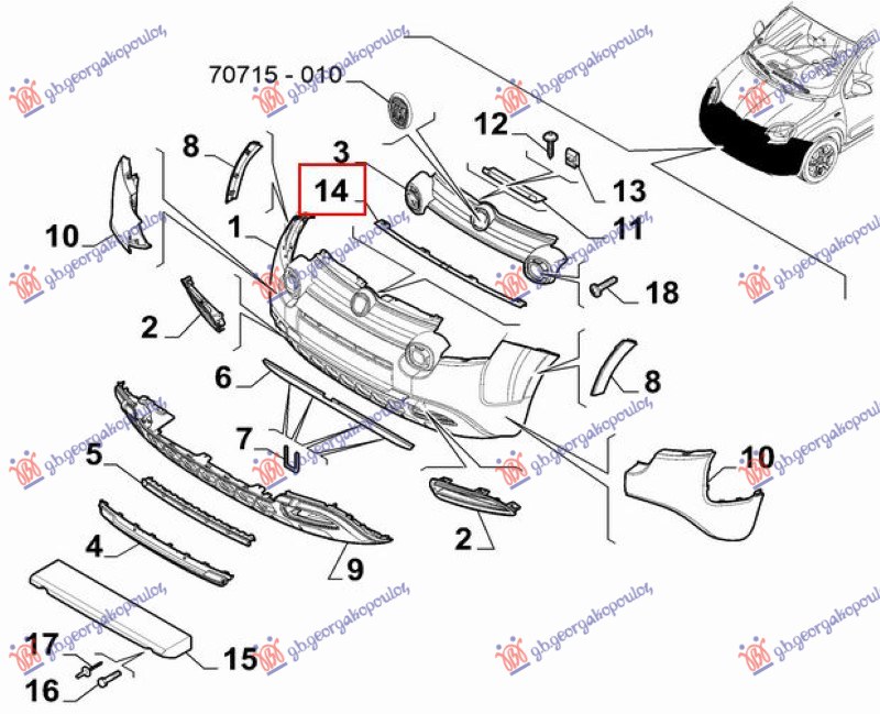 SINA PREDNJEG BRANIKA PLASTICNA (O) FIAT PANDA NEW (2012-) (OEM: 735625226)