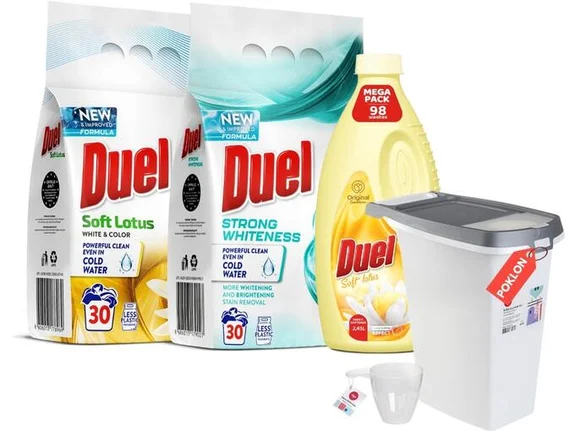 Duel Praškasti deterdžent Strong Whiteness 2,7kg + Soft lotus 2,7kg + Omekšivač Soft Lotus 2,45l + kutija za prašak