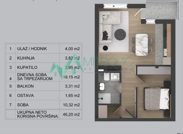 Jednoiposoban stan na prodaju, 46m2, 90.410€