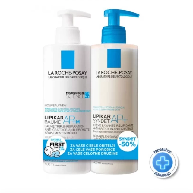 LA ROCHE-POSAY LIPIKAR RUTINA ZA NEGU SUVE I OSETLJIVE KOŽE, POGODNA ZA CELU PORODICU. (LIPIKAR BAUME AP+M BALZAM PROTIV IRITACIJE I SVRABA, 400 ML + LIPIKAR SYNDET AP+ KREMASTI GEL ZA TUŠIRANJE, ...