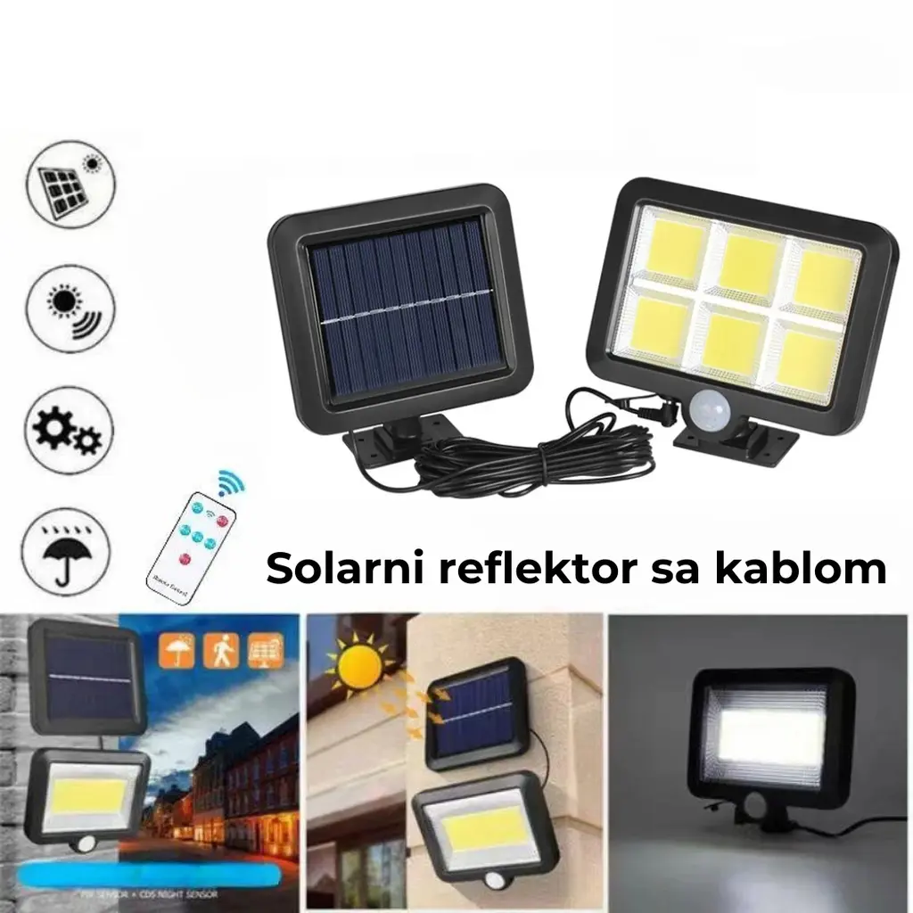 Led solarni reflektor sa kablom, Crni