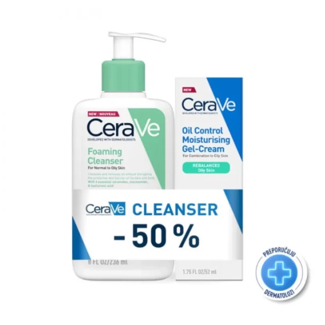 CERAVE PENUŠAVI GEL ZA ČIŠĆENJE ZA NORMALNU DO MASNU KOŽU, 236 ML + CERAVE HIDRATANTNA GEL KREMA ZA MASNU KOŽU, 52 ML