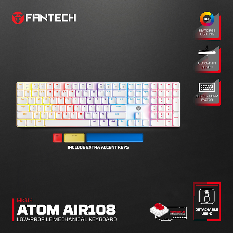 Tastatura Mehanicka Gaming Fantech MK314 RGB Atom AIR 108 bela (red switch)