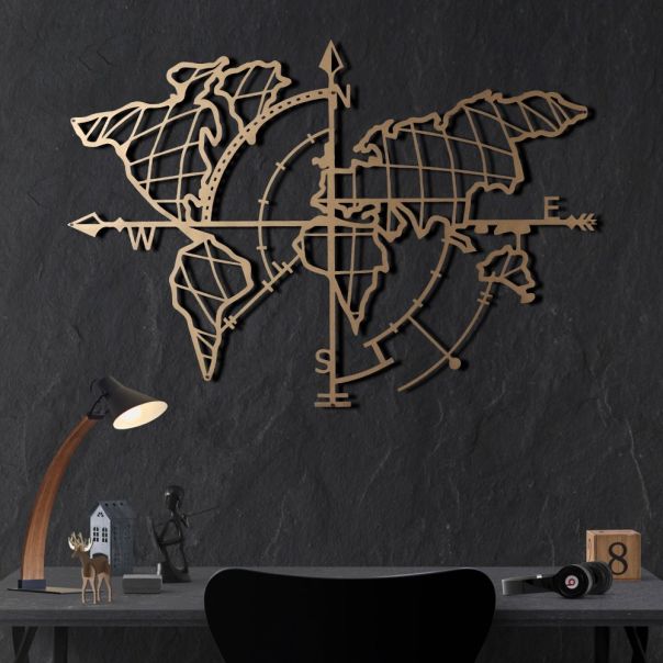 WALLXPERT Zidna dekoracija World Map Compass Gold
