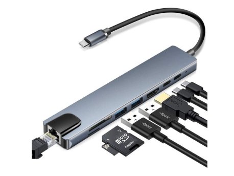 LINKOM USB HUB 8u1, USB-C/HDMI+LAN+2xPD+2xUSB-A+TF+SD 100MBS