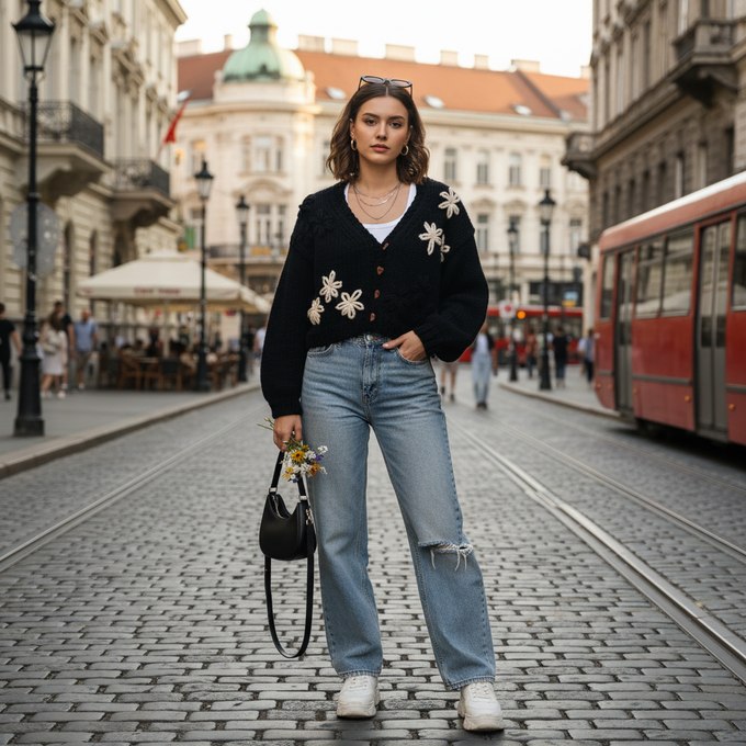 pleteni dzemper sa rucno vezenim cvetovima