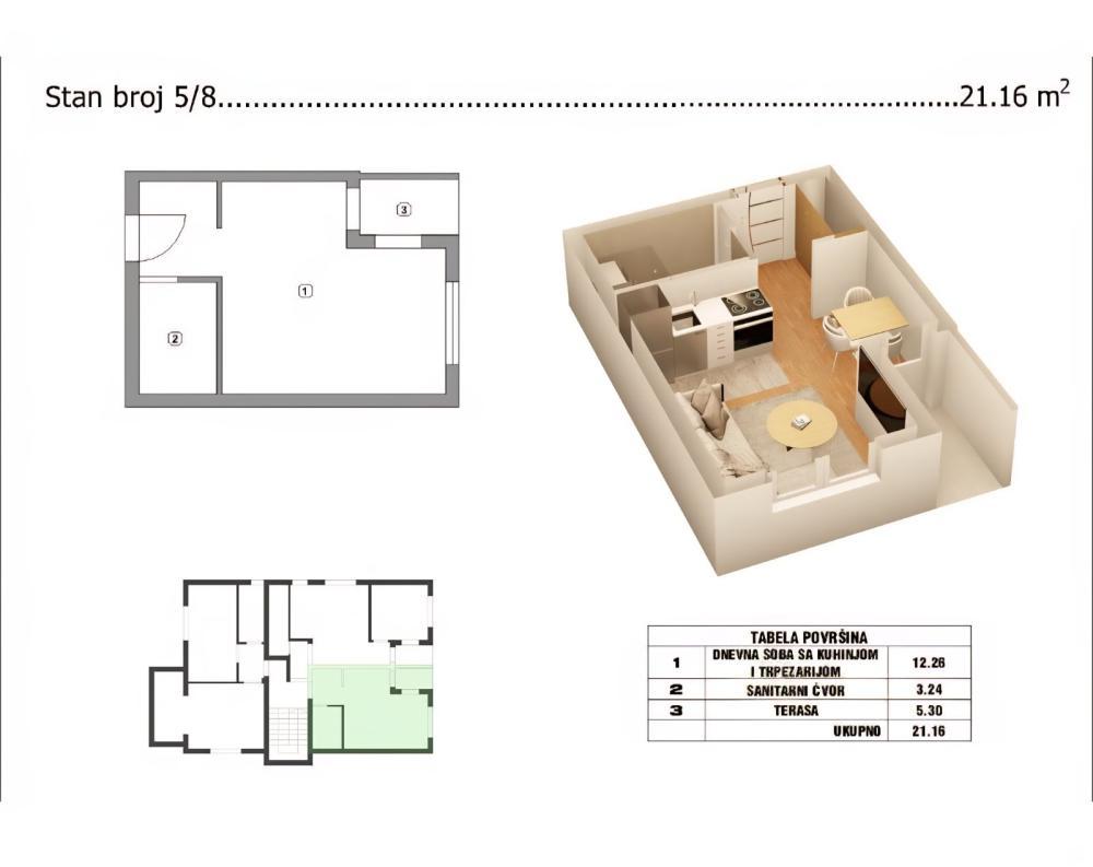 Naselje Branko Bjegović, Jednosoban stan na prodaju, 21.16m2, 38.900€