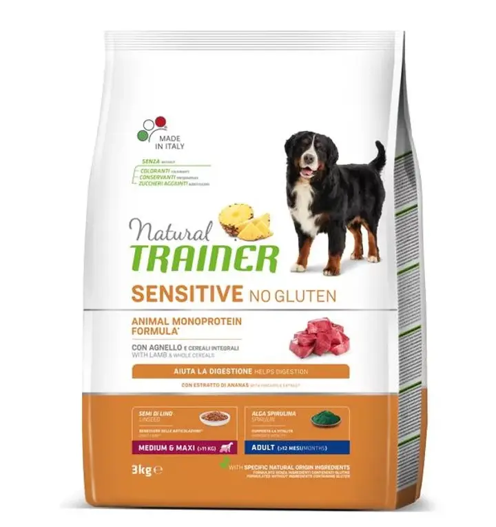 Natural Trainer Suva hrana za srednje i maxi odrasle pse Sensitive no gluten, Jagnjetina i žitarice, 3kg