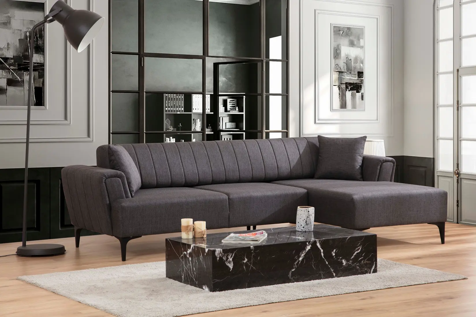 Atelier del Sofa Ugaona garnitura Hamlet 95x77x270cm Tamnosiva