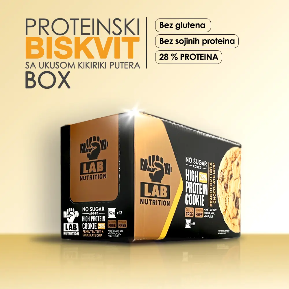 PROTEINSKI BISKVIT BOX SA ČOKOLADNIM KOMADIĆIMA I UKUSOM KIKIRIKI PUTERA - BOX - 12kom X 52g