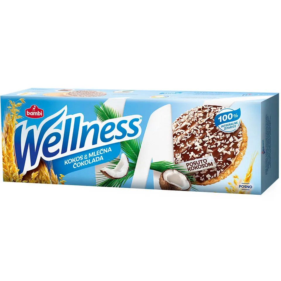 Wellness Integralni keks, Kokos i mlečna čokolada, 165 g