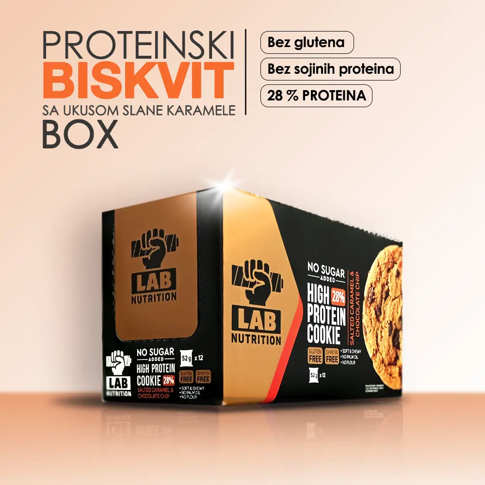 PROTEINSKI BISKVIT BOX SA ČOKOLADNIM KOMADIĆIMA I UKUSOM SLANA KARAMELA - BOX - 12kom X 52g