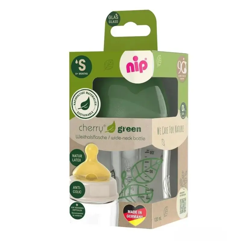 Nip Staklena flašica za bebe Green, S protok, 120ml, 0m+, Zelena